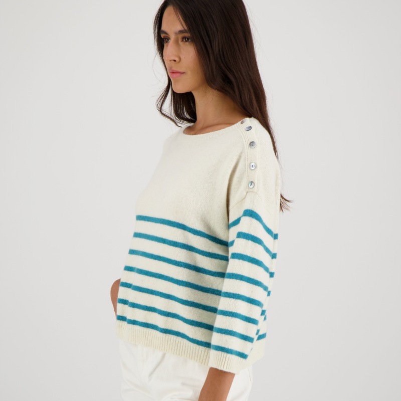 Les Racines du Ciel Ceryse Crew Neck Sweater Off White/Turquoise
